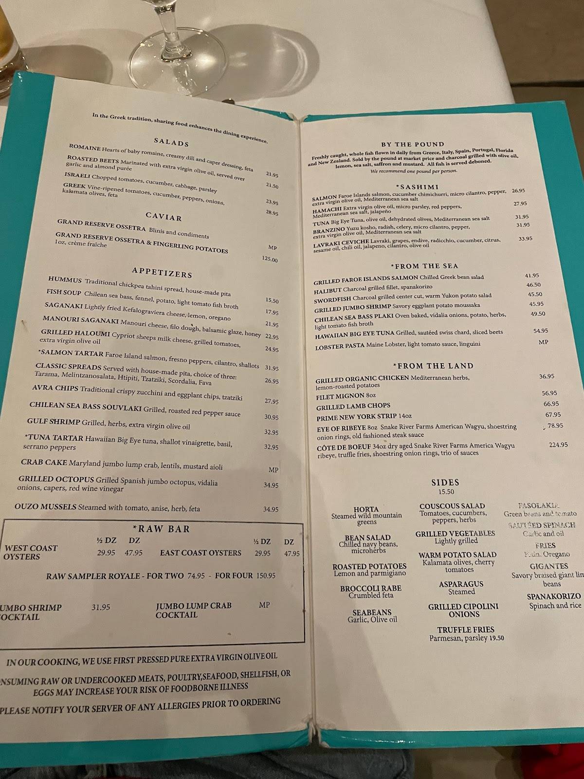 Menu at Avra Beverly Hills restaurant, Beverly Hills