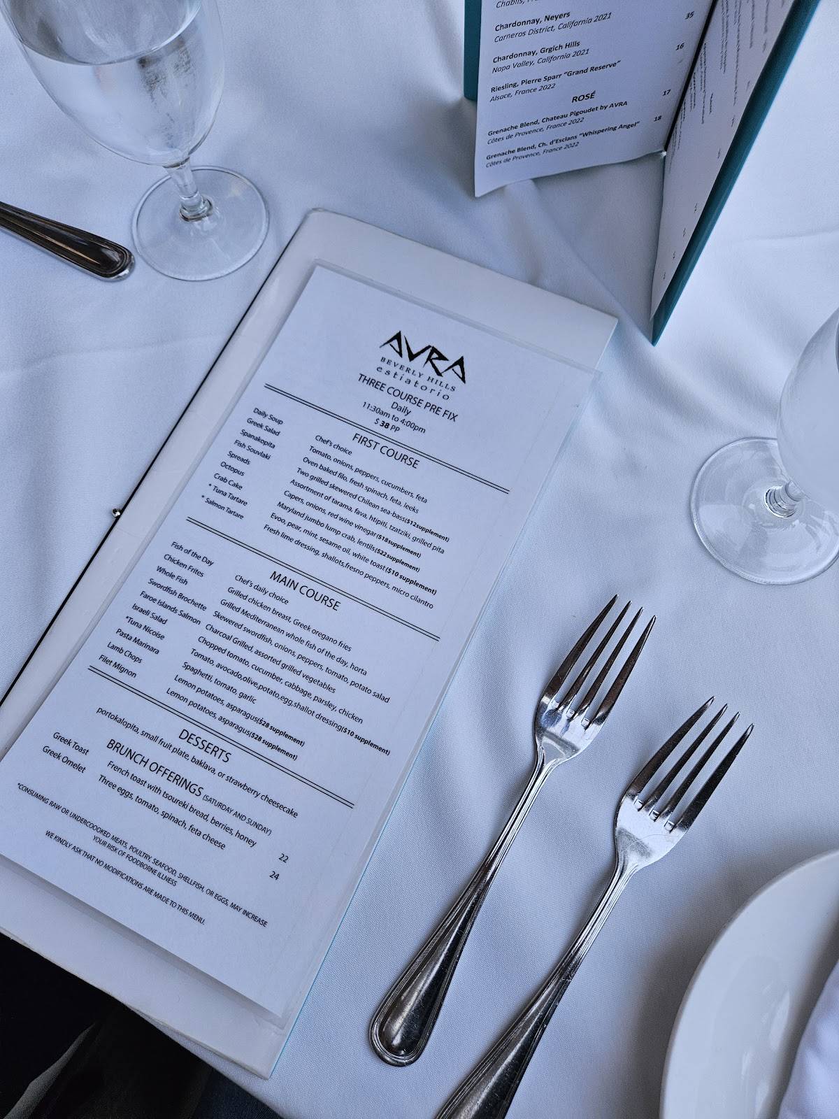 Menu at Avra Beverly Hills restaurant, Beverly Hills