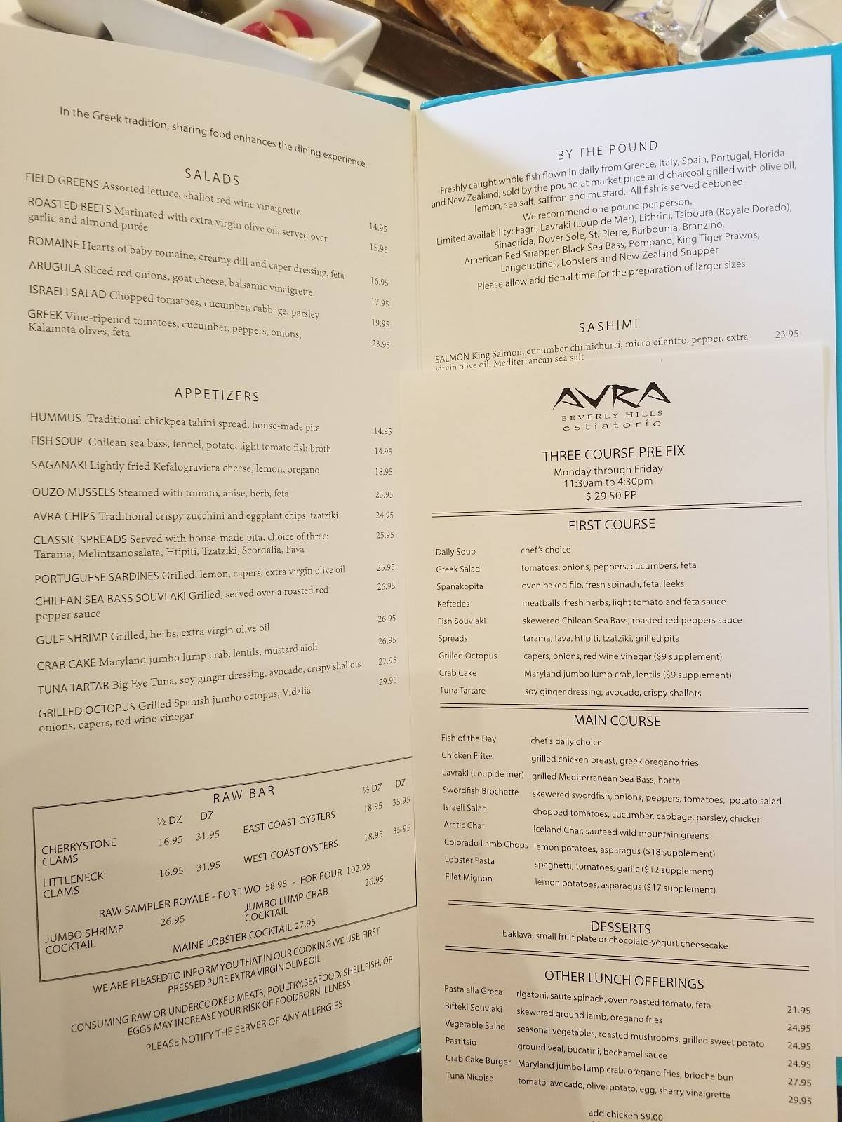 Menu at Avra Beverly Hills restaurant, Beverly Hills