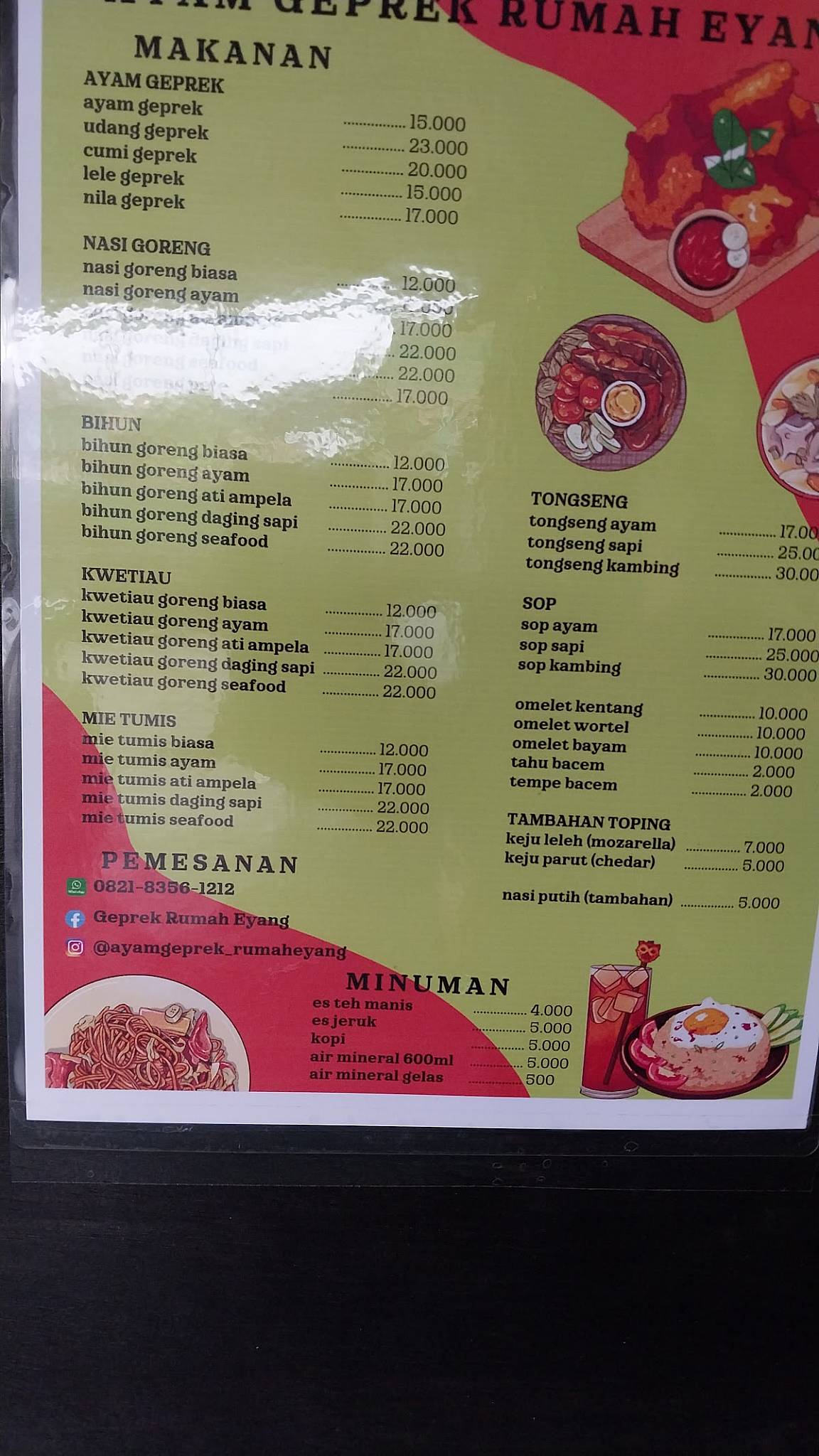 Menu at Ayam Geprek Rumah Eyang restaurant, Indonesia