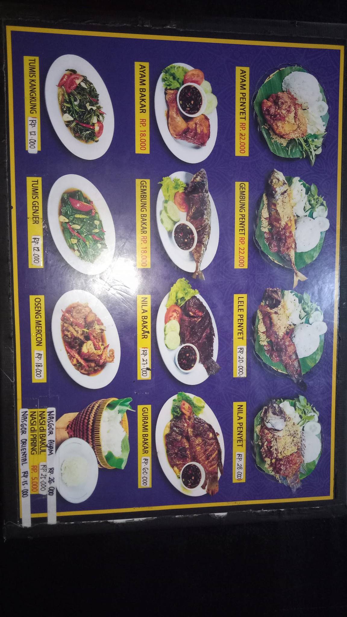 Carta del restaurante Ayam Penyet Cindelaras Damuli, Gunung Melayu