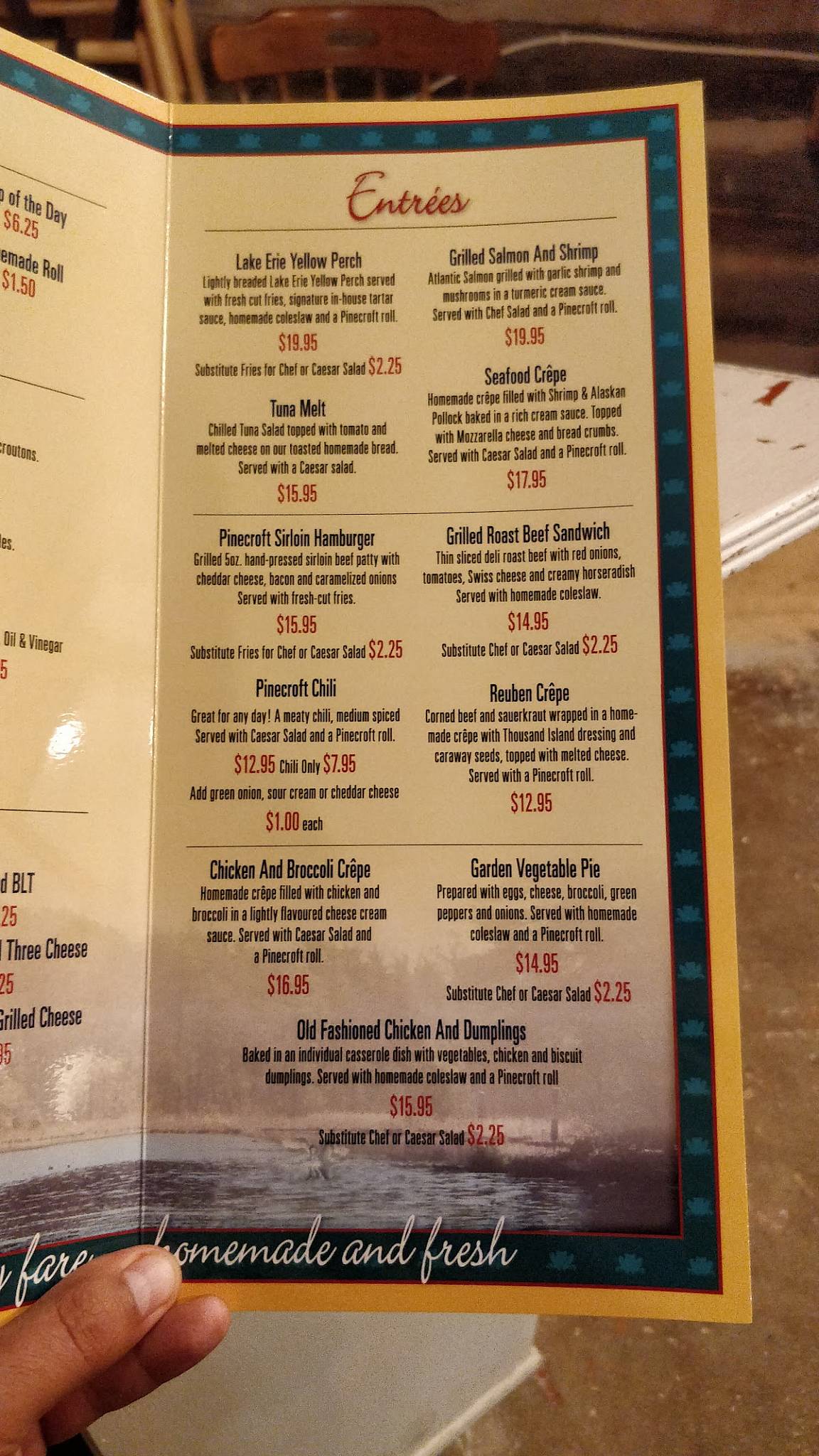 Menu at Pinecroft restaurant, Aylmer, Rogers Rd