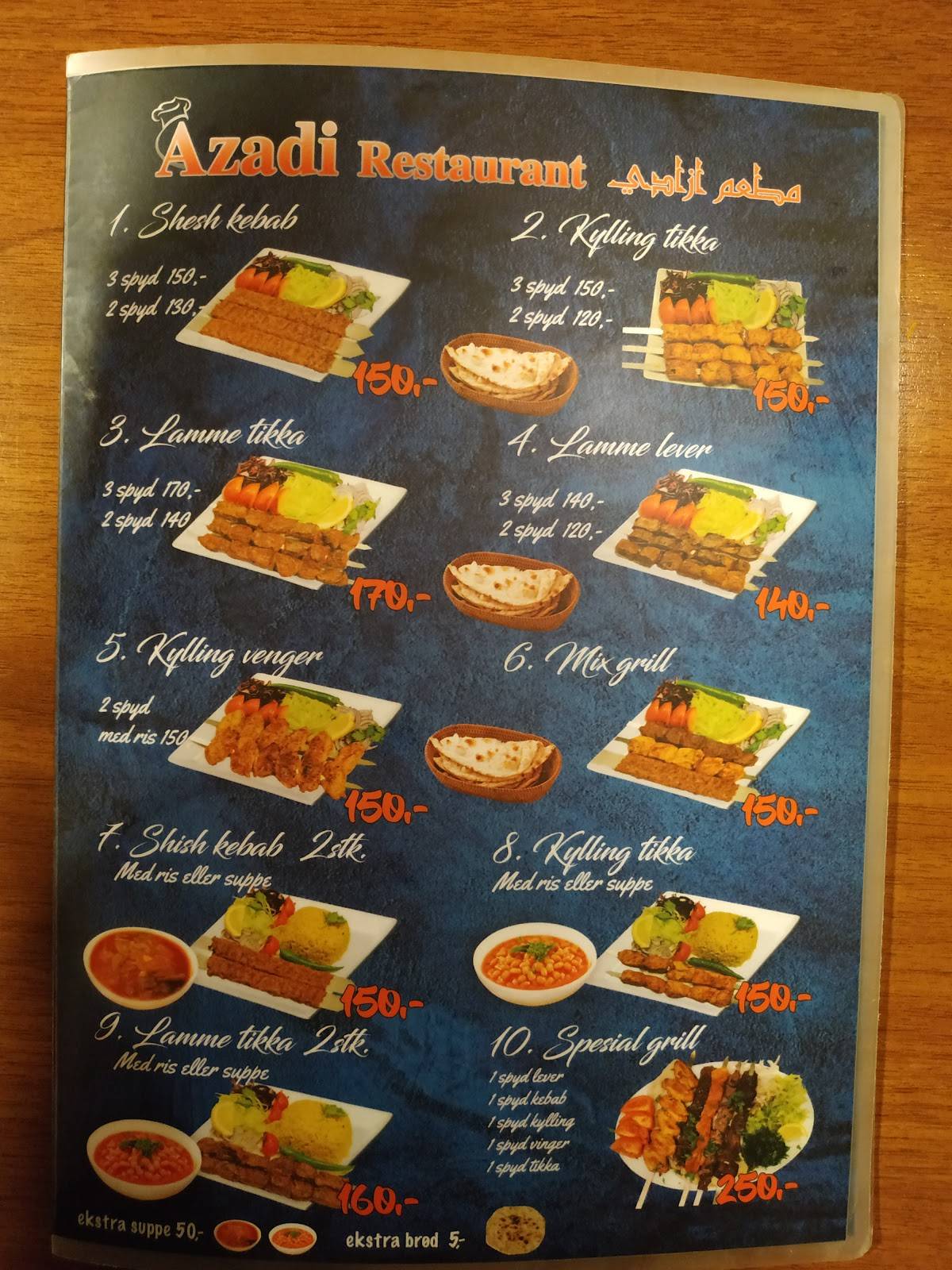 Carta de Azadi Restaurant, Oslo