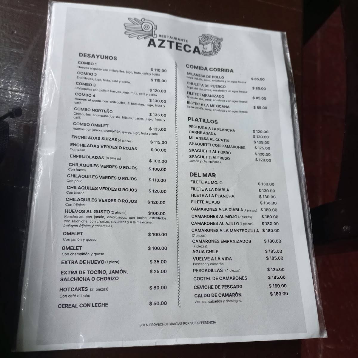 Menu at Azteca Restaurante, Acapulco