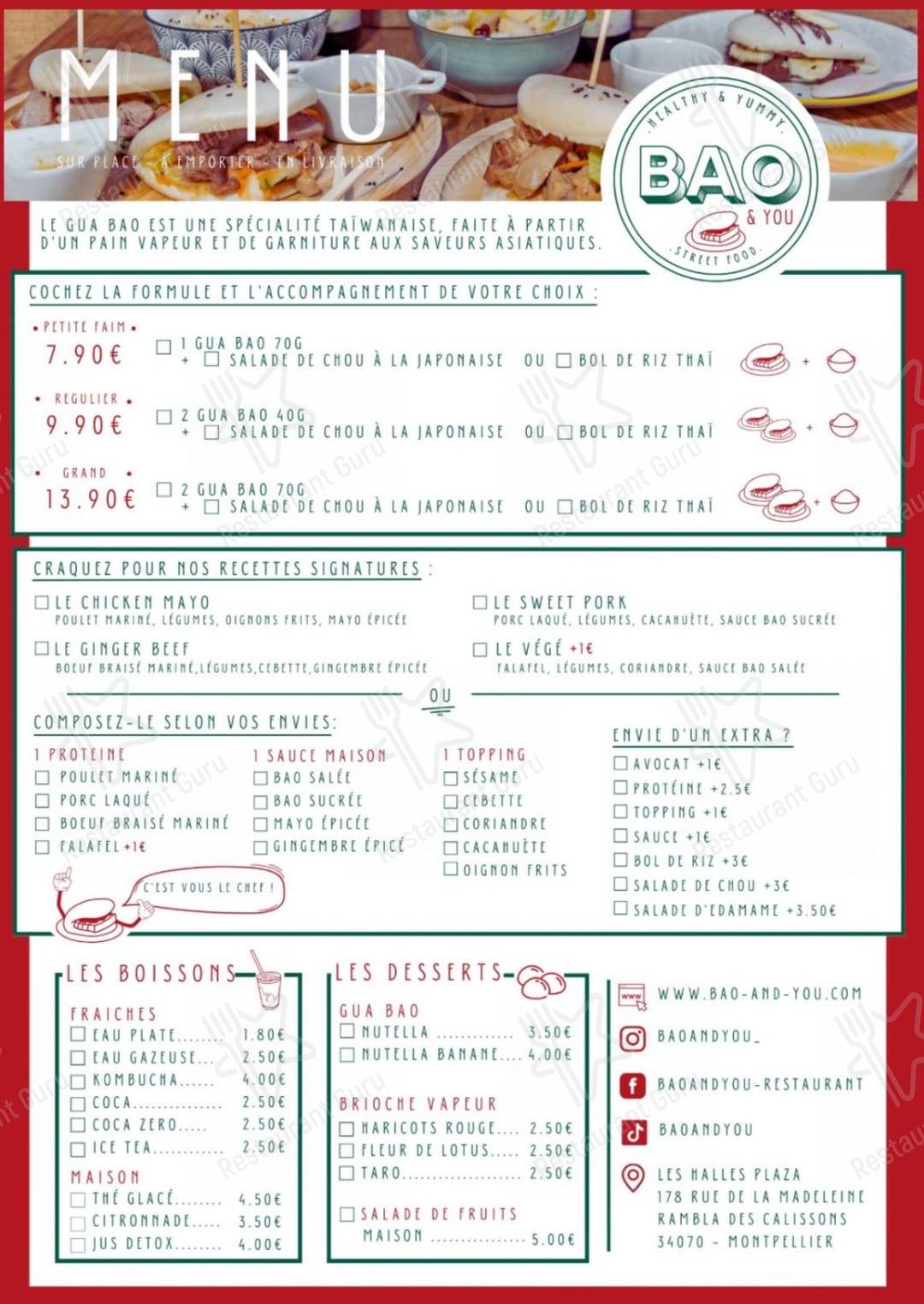 Menu au BAO AND YOU - Gua bao restaurant, Montpellier