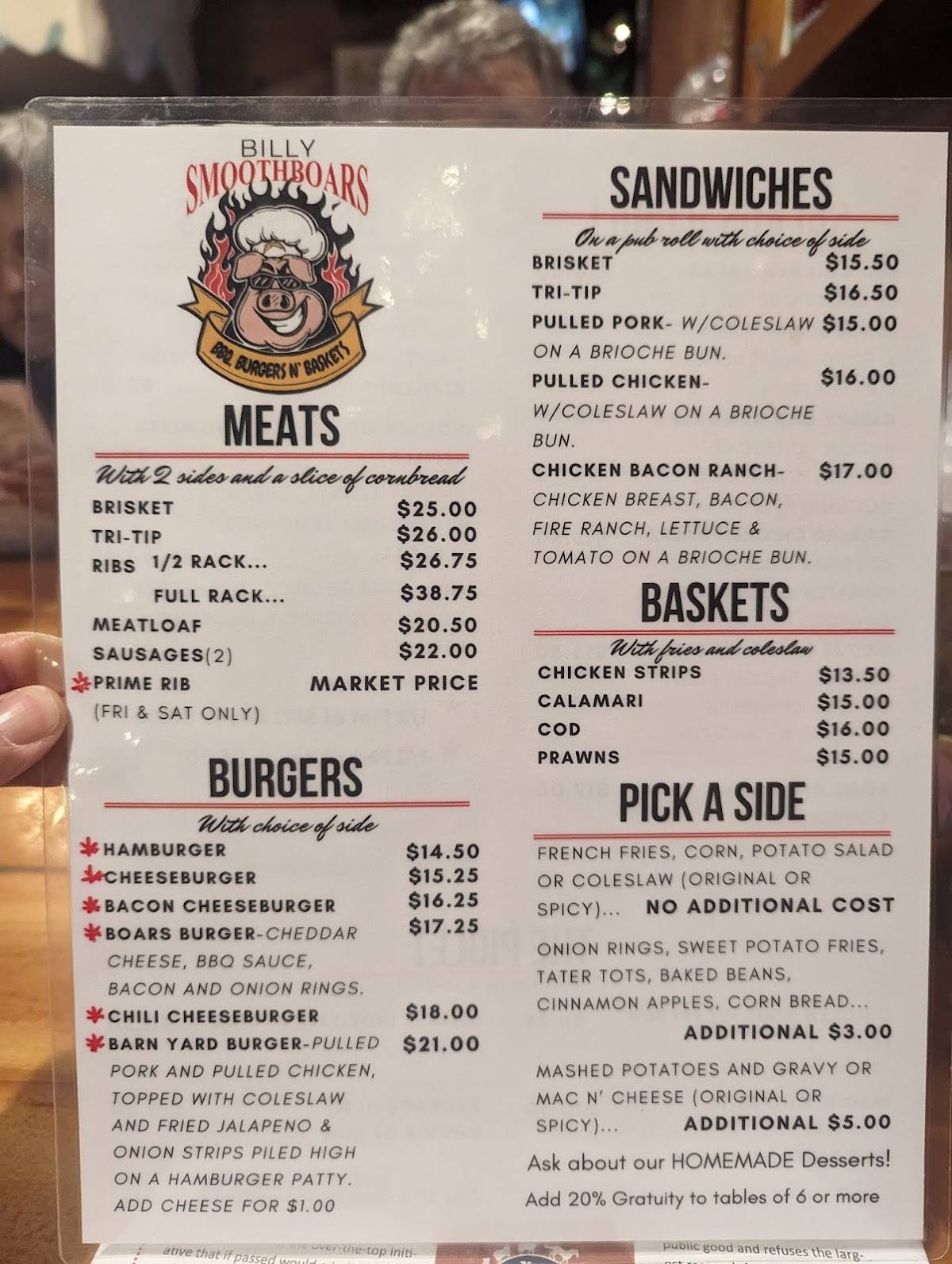 Menu at Billy Smoothboars BBQ, Bandon