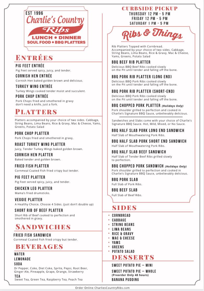 Menu at Charlies Country Ribs BBQ, Philadelphia