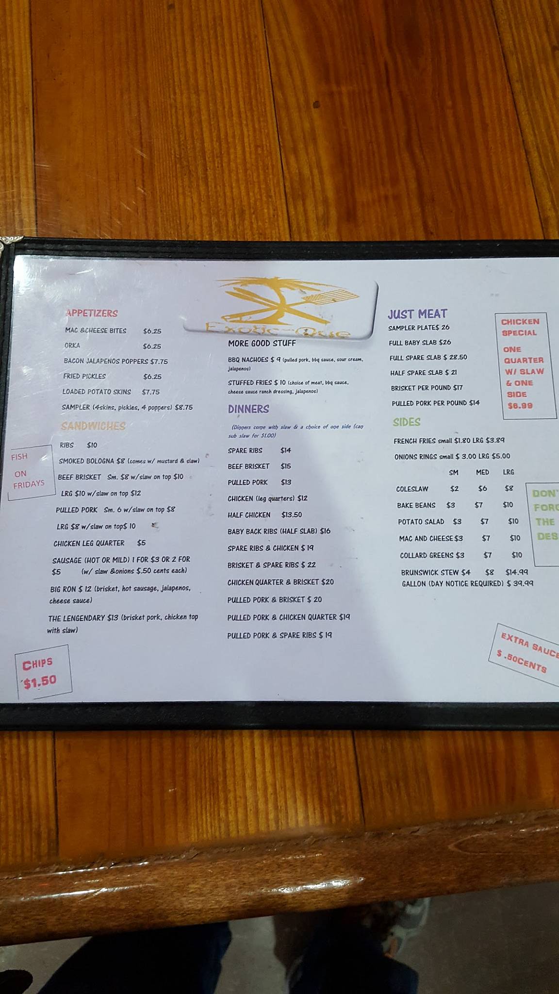 Menu at Exotic Que BBQ, Rockmart
