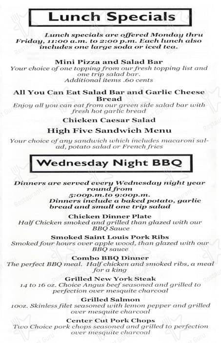 Menu at High Five Pizza BBQ, San Jose, 171 Branham Ln