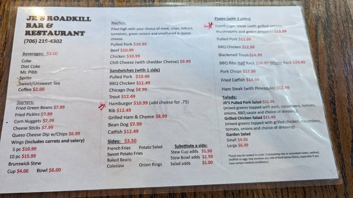 Menu at JR's "RoadKill" Bar & Grill, USA
