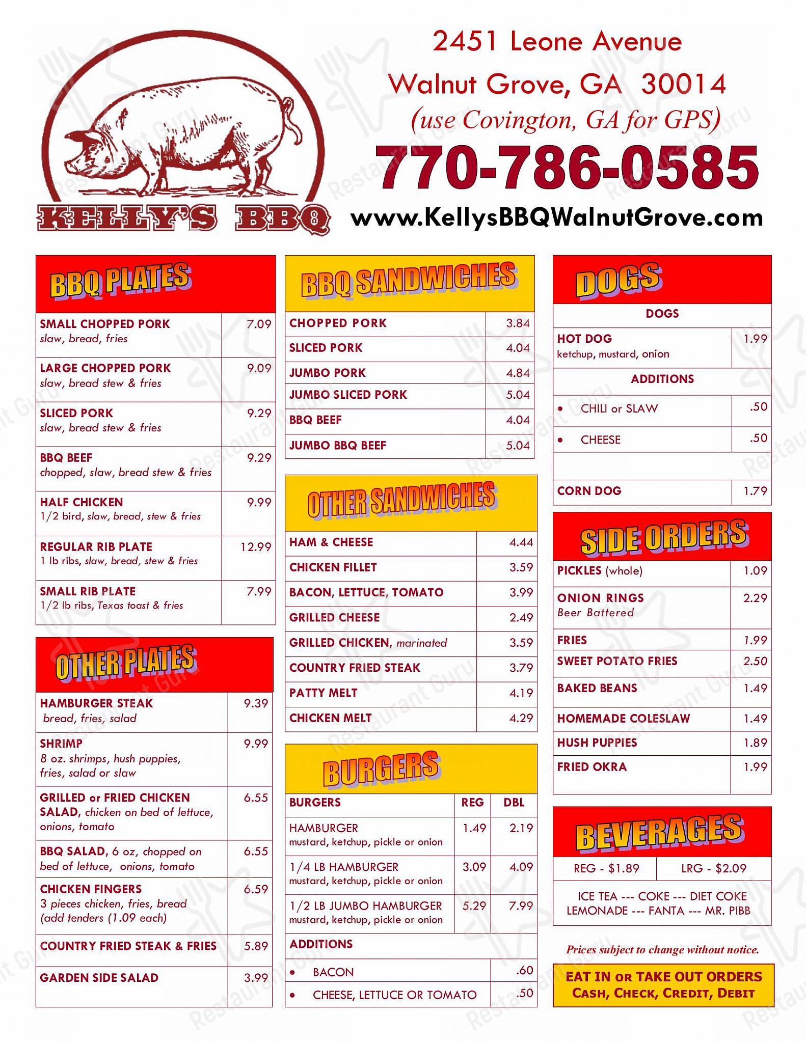 Menu at Kelly's BBQ, Walnut Grove, Leone Ave