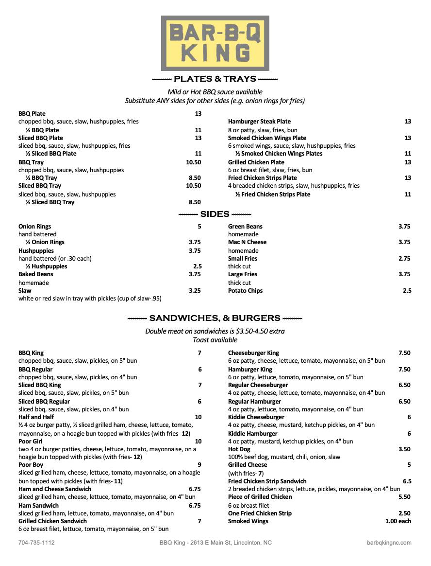 Menu at BBQ King, Lincolnton