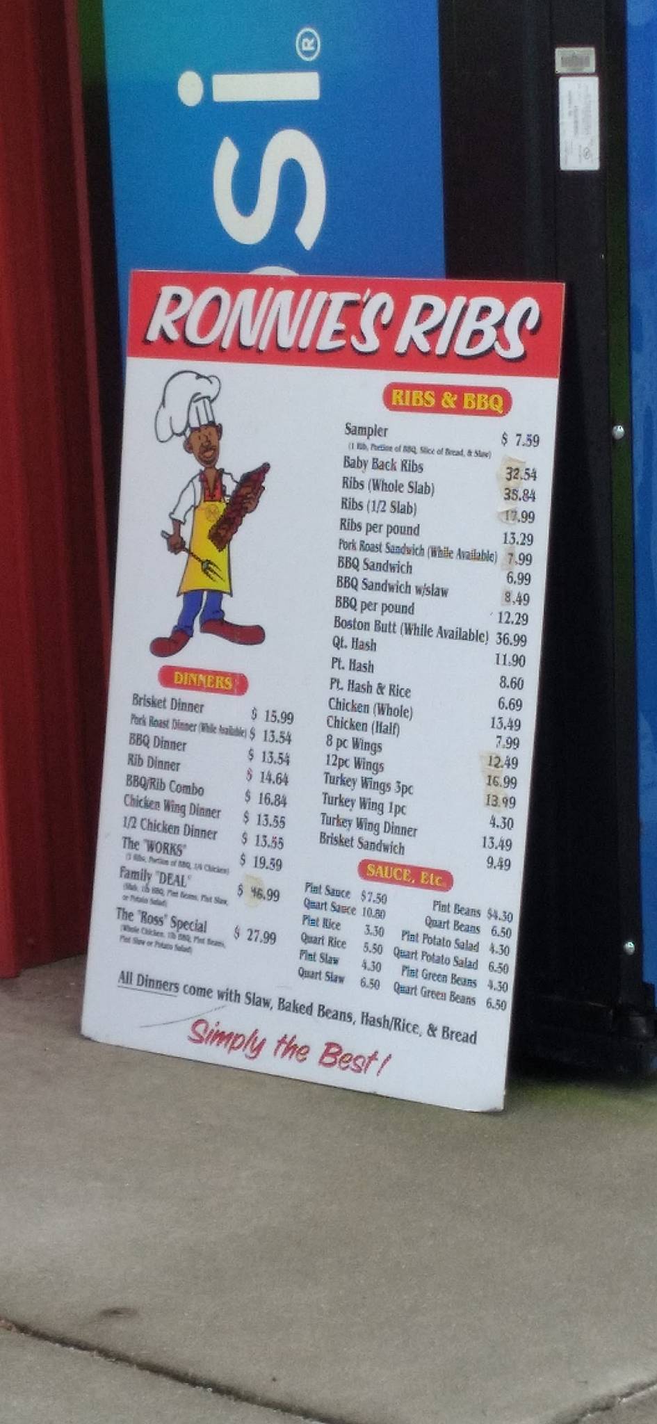 Menu at Ronnie's Ribs BBQ, Elgin