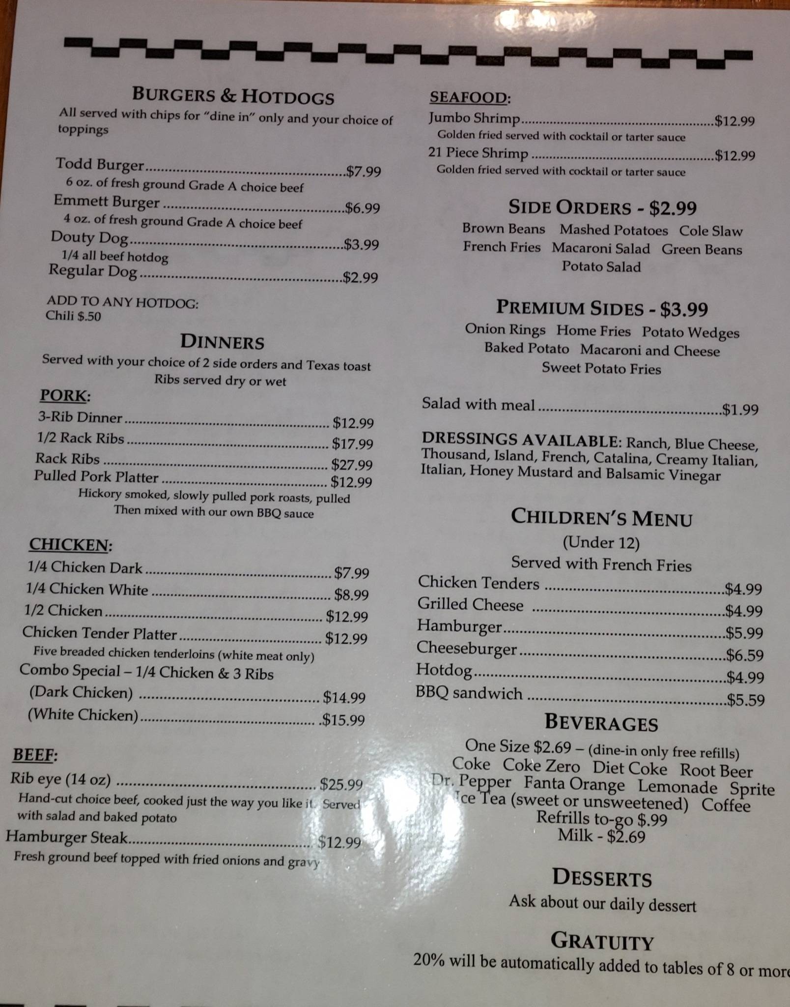 Menu at Todd's Barbecue Restaurant, Buena Vista