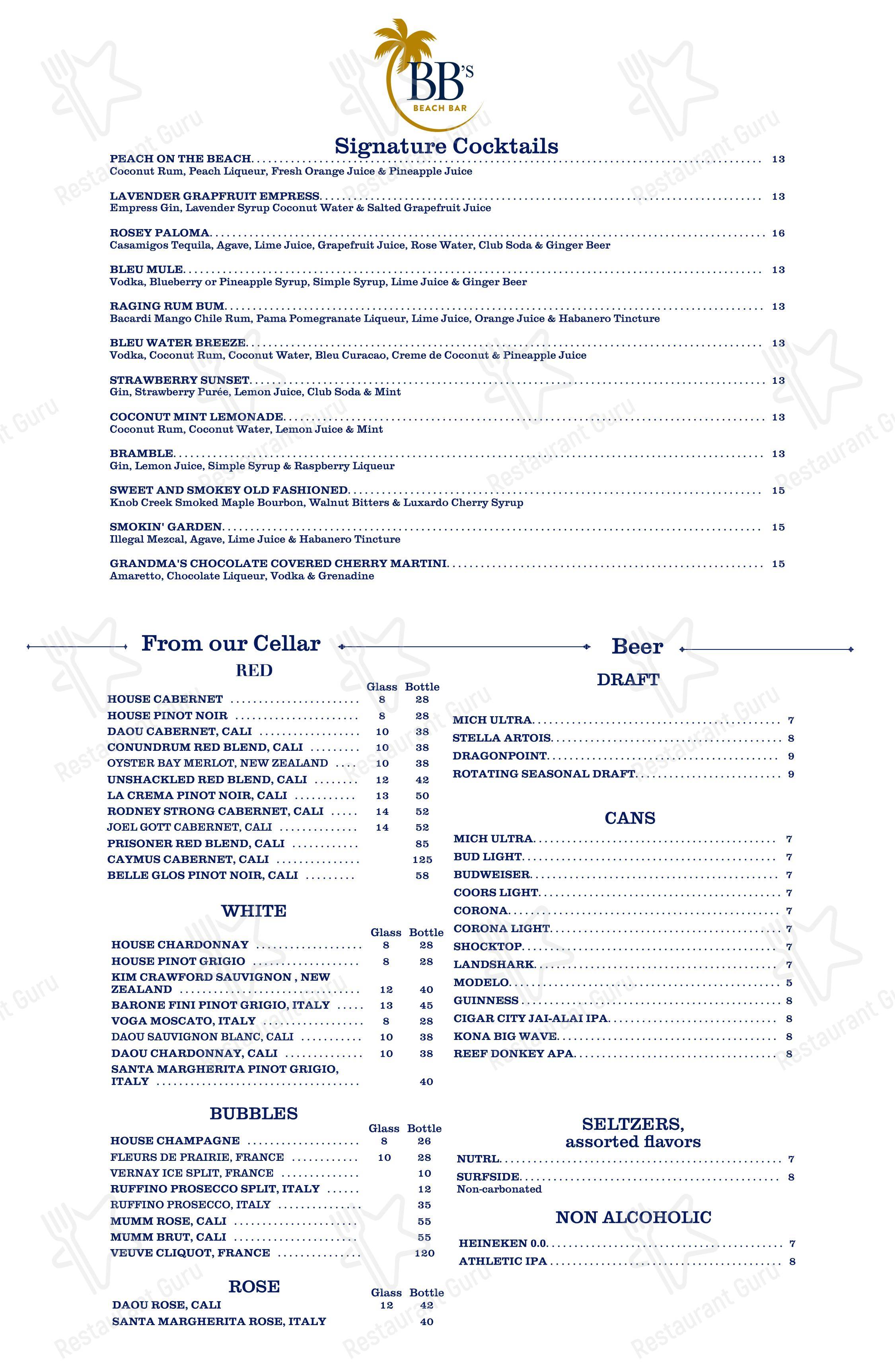 Menu at BB's Beach Bar, Gulf Shores