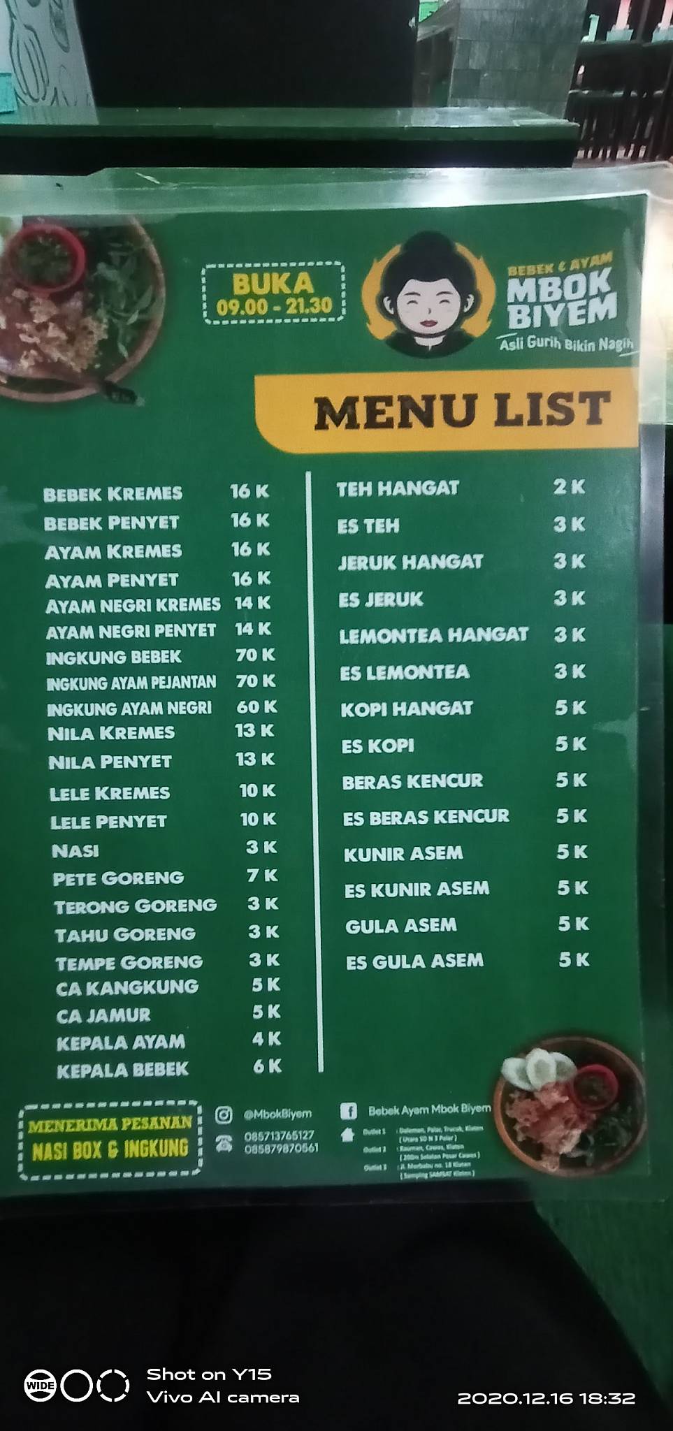 Menu at BEBEK & AYAM MBOK BIYEM, Klaten, Sunarya