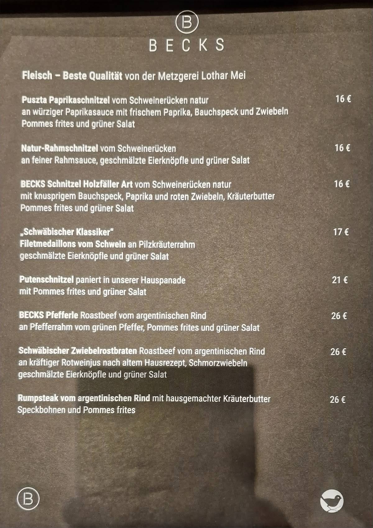 Speisekarte von BECKS am Markwasen restaurant, Reutlingen