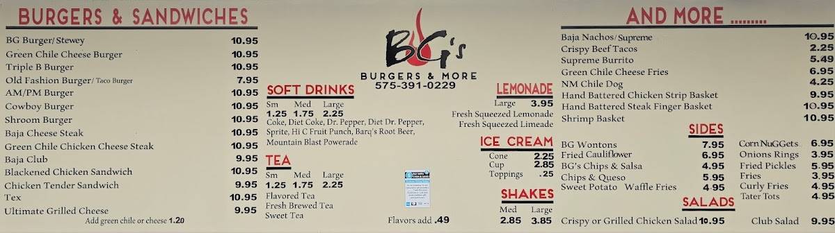 Menu at BG's Burgers & More restaurant, Hobbs