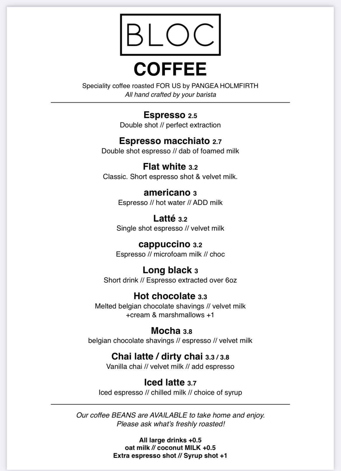 Menu at BLOC Holmfirth cafe, Holmfirth