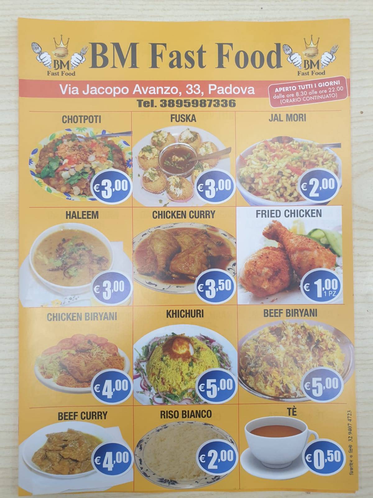 Menu at BM Fast Food, Padua