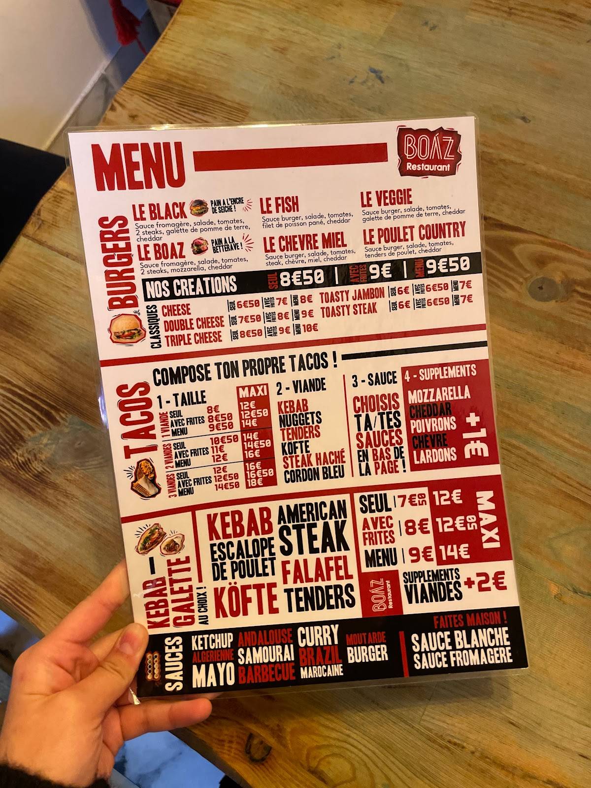 Menu au BOAZ Restaurant, Égletons