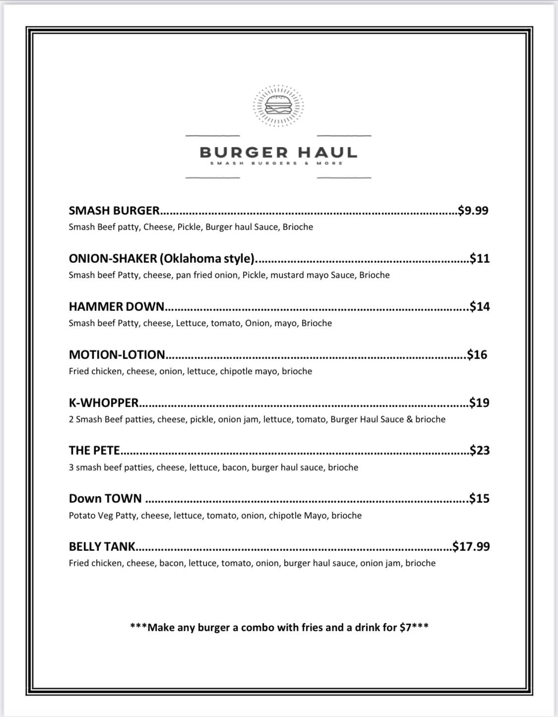 Menu at BURGERHAUL restaurant, Christchurch