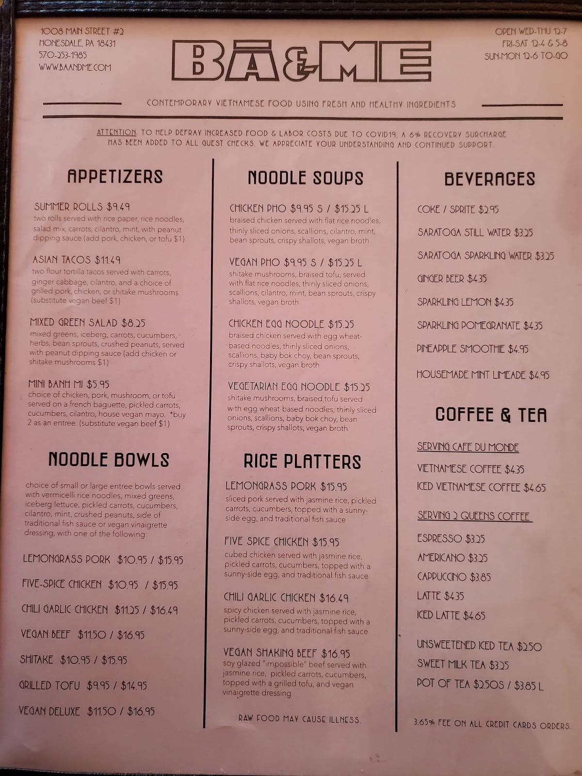 Menu at Bà & Me restaurant, Honesdale, Main St