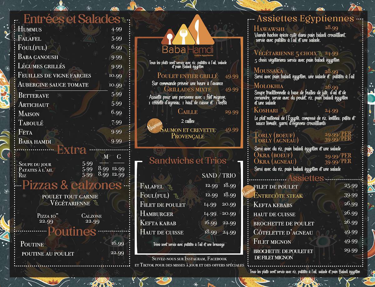 Menu au Baba Hamdi cuisine égyptienne restaurant, Châteauguay