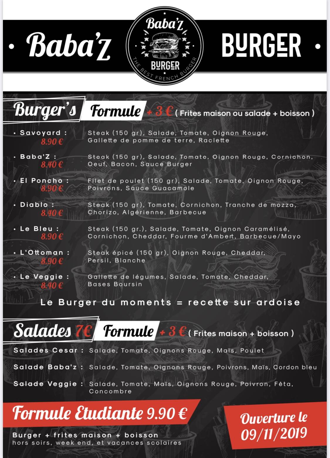 Menu at Baba'Z Burger restaurant, Annecy