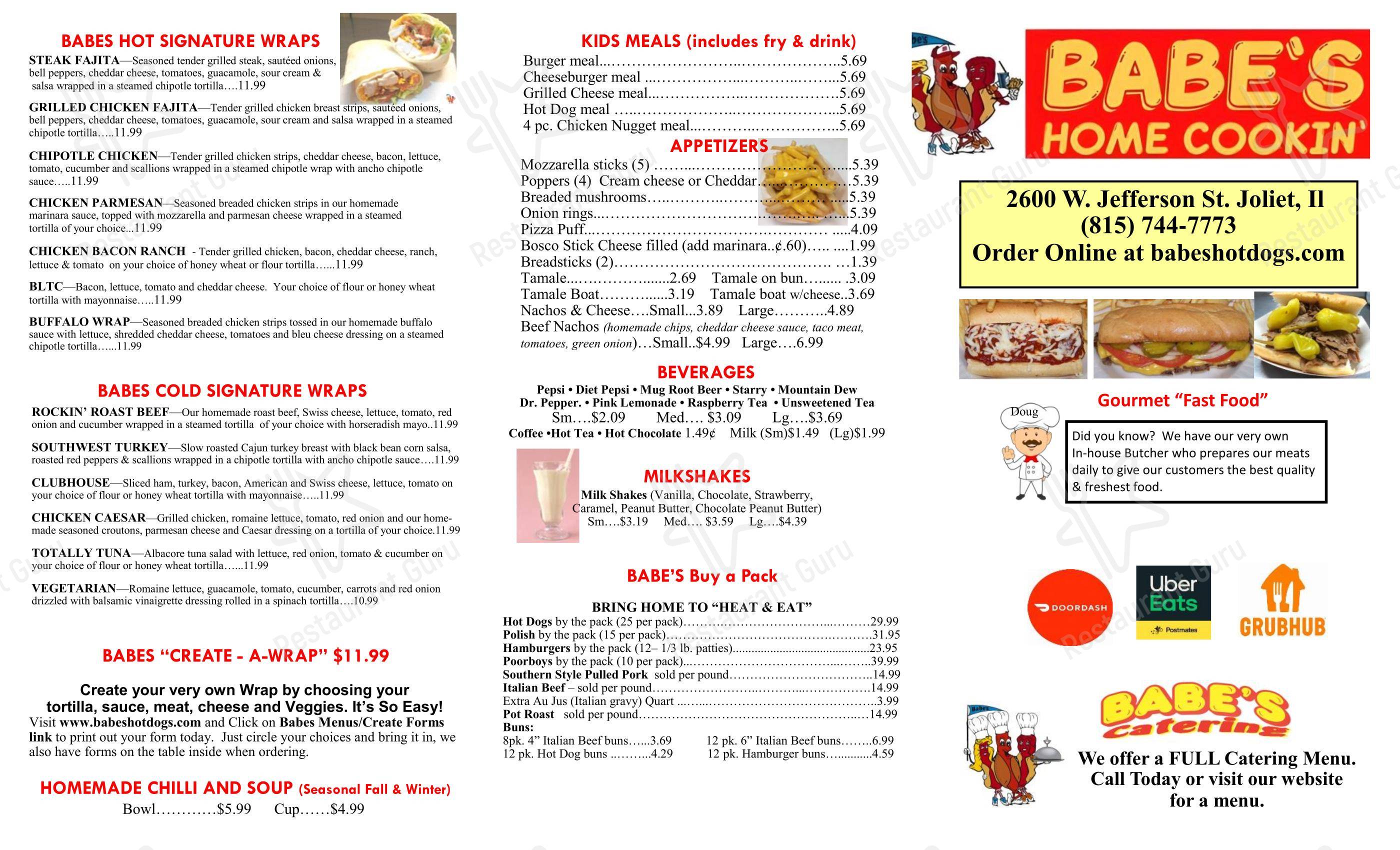 Menu at Babe's restaurant, Joliet, W Jefferson St