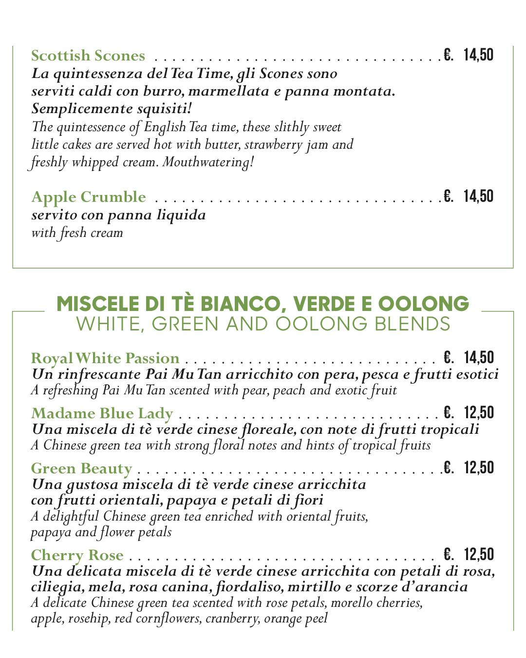 Menu at Babington's tea room cafe, Rome