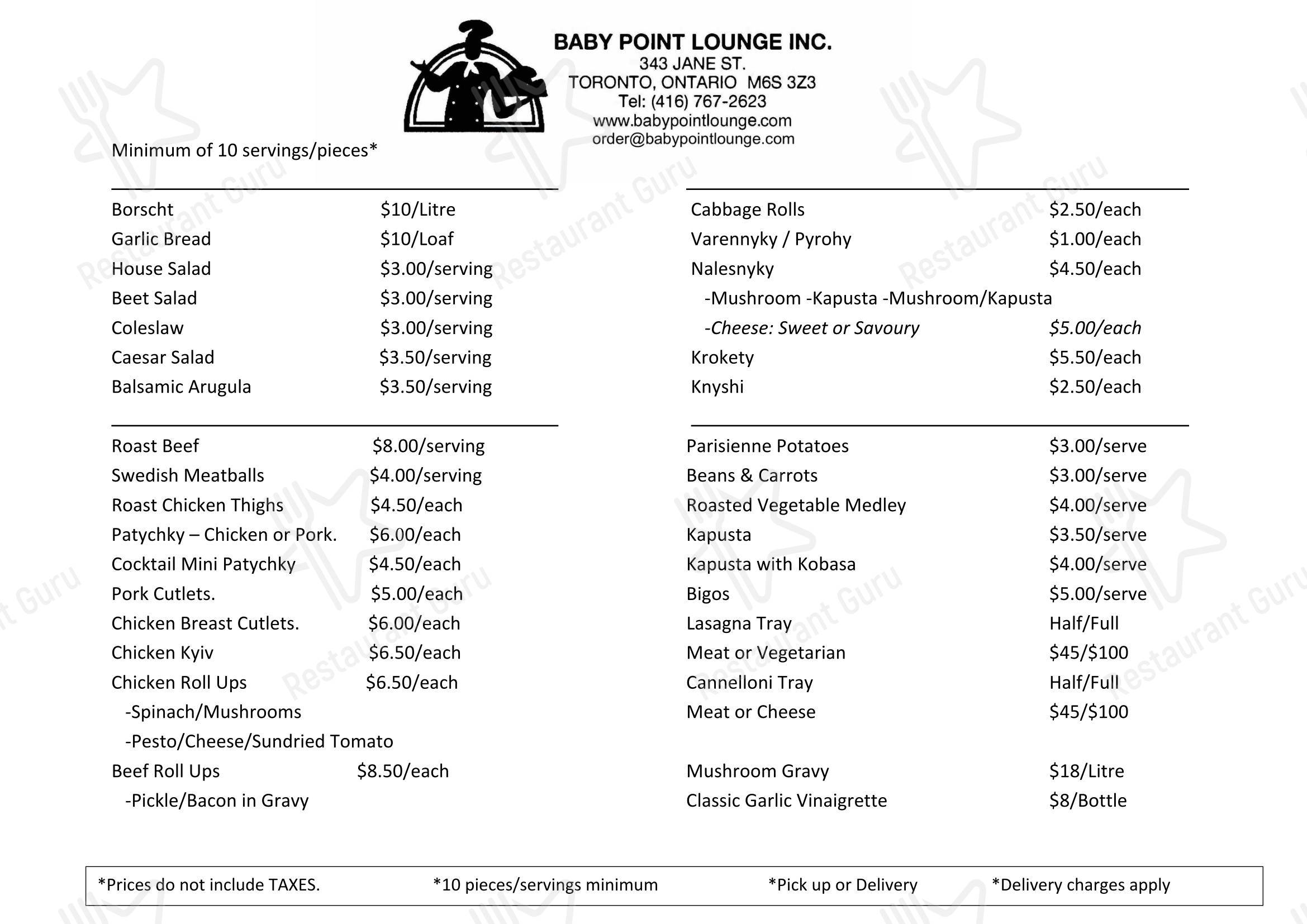 Menu at Baby Point Lounge restaurant, Toronto