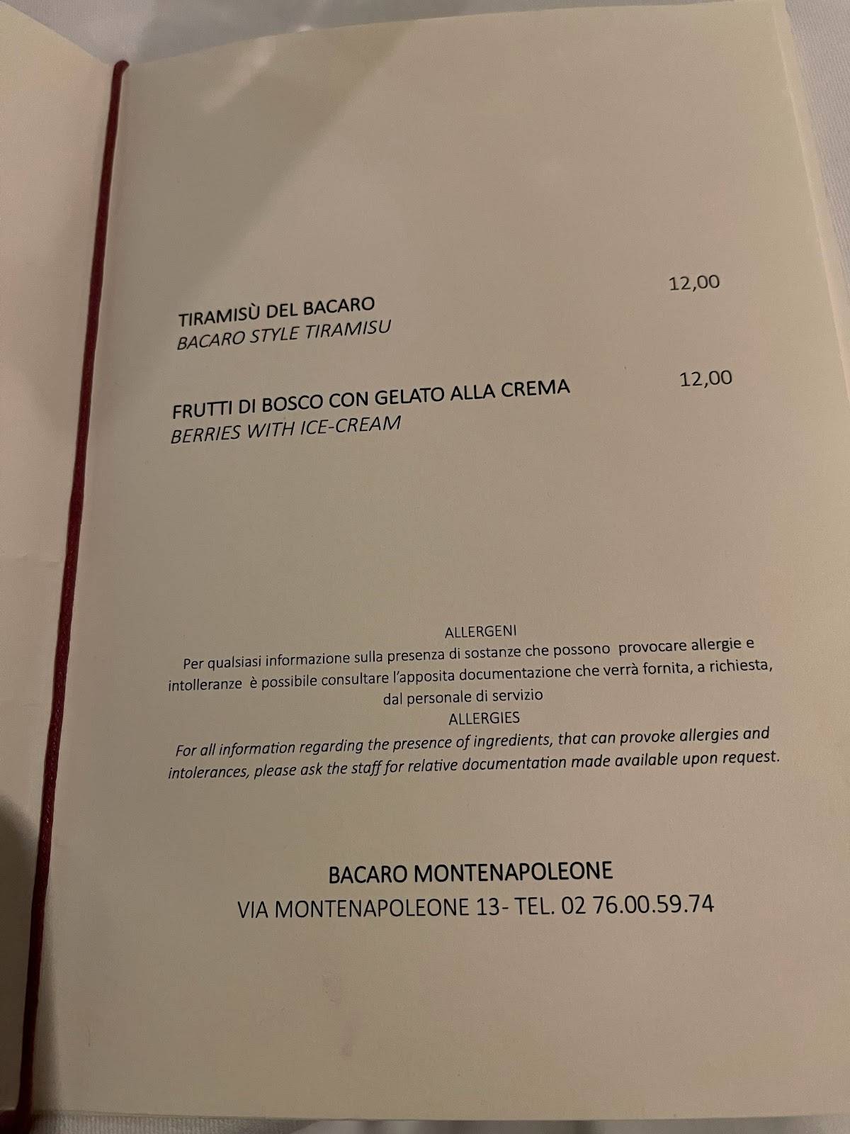 Carta del restaurante Bacaro Montenapoleone, Milan