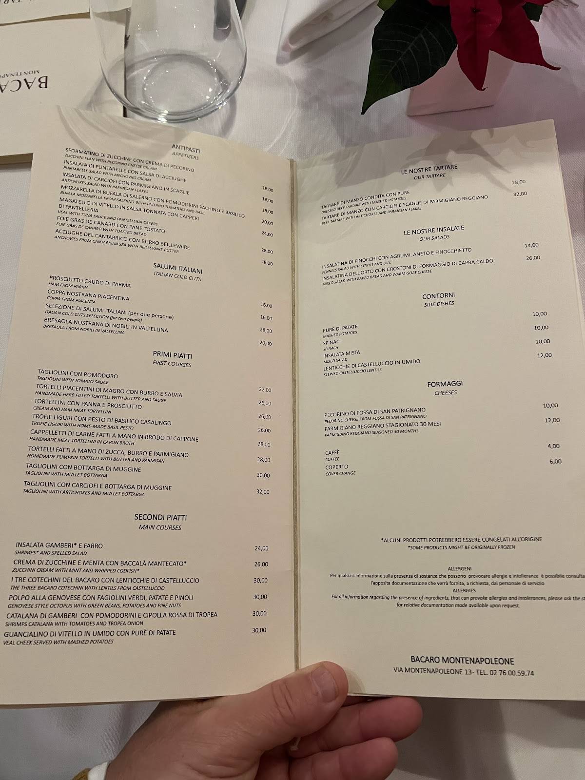Menu da Bacaro Montenapoleone ristorante, Milano