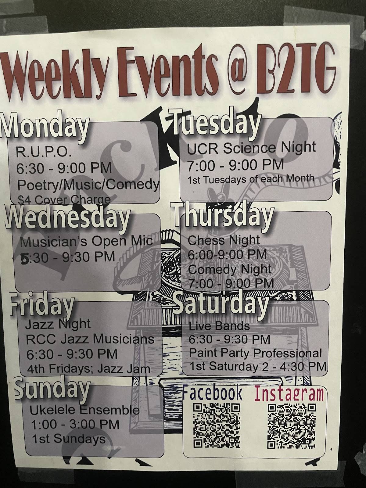 Menu at Back To The Grind pub & bar, Riverside, University Ave