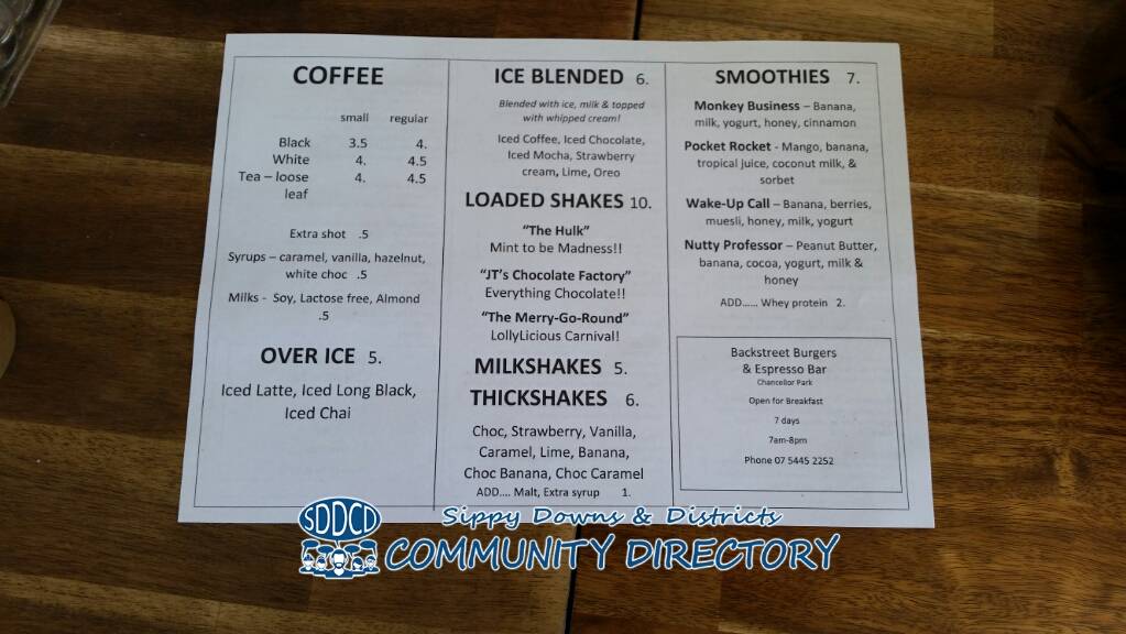 Menu at Backstreet Burgers and Esspresso Bar, Sippy Downs