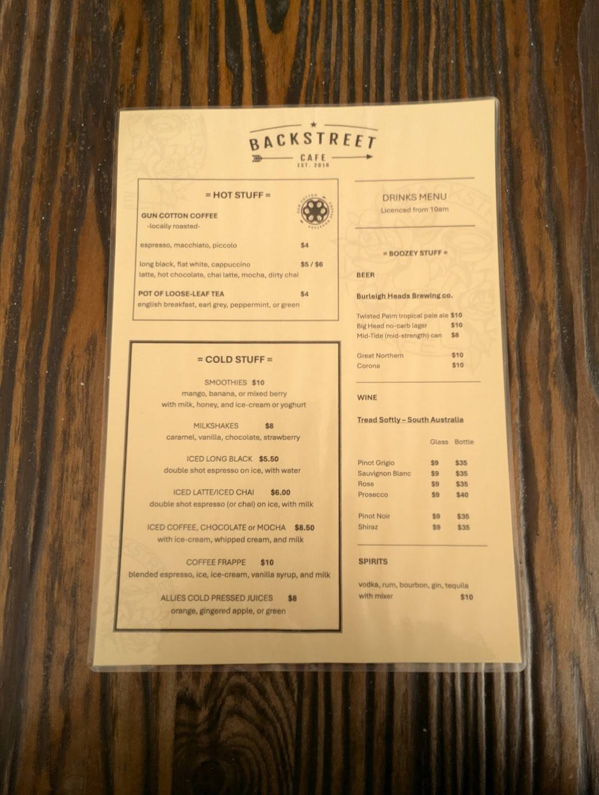 Menu at Backstreet Cafe, Mooloolaba, Unit 3/121 Mooloolaba Espl