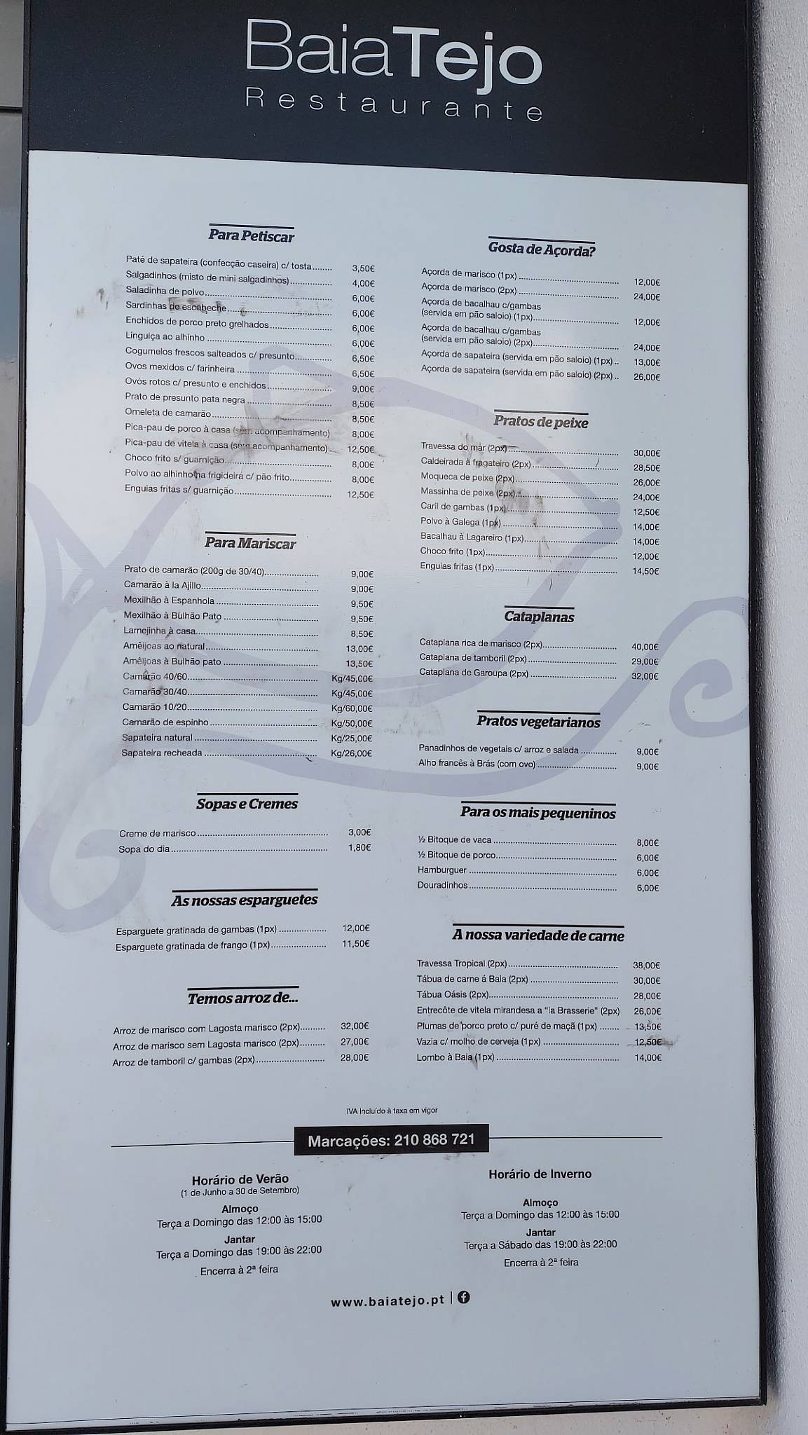 Menu em Baía Tejo restaurante, Gaio-Rosário, Largo das Forças Armadas 20