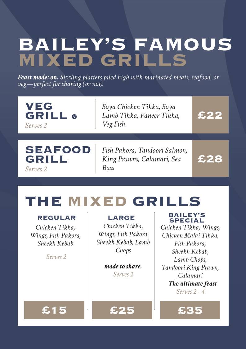 Menu at Bailey's Bar & Grill, Nuneaton, 121 Attleborough Rd