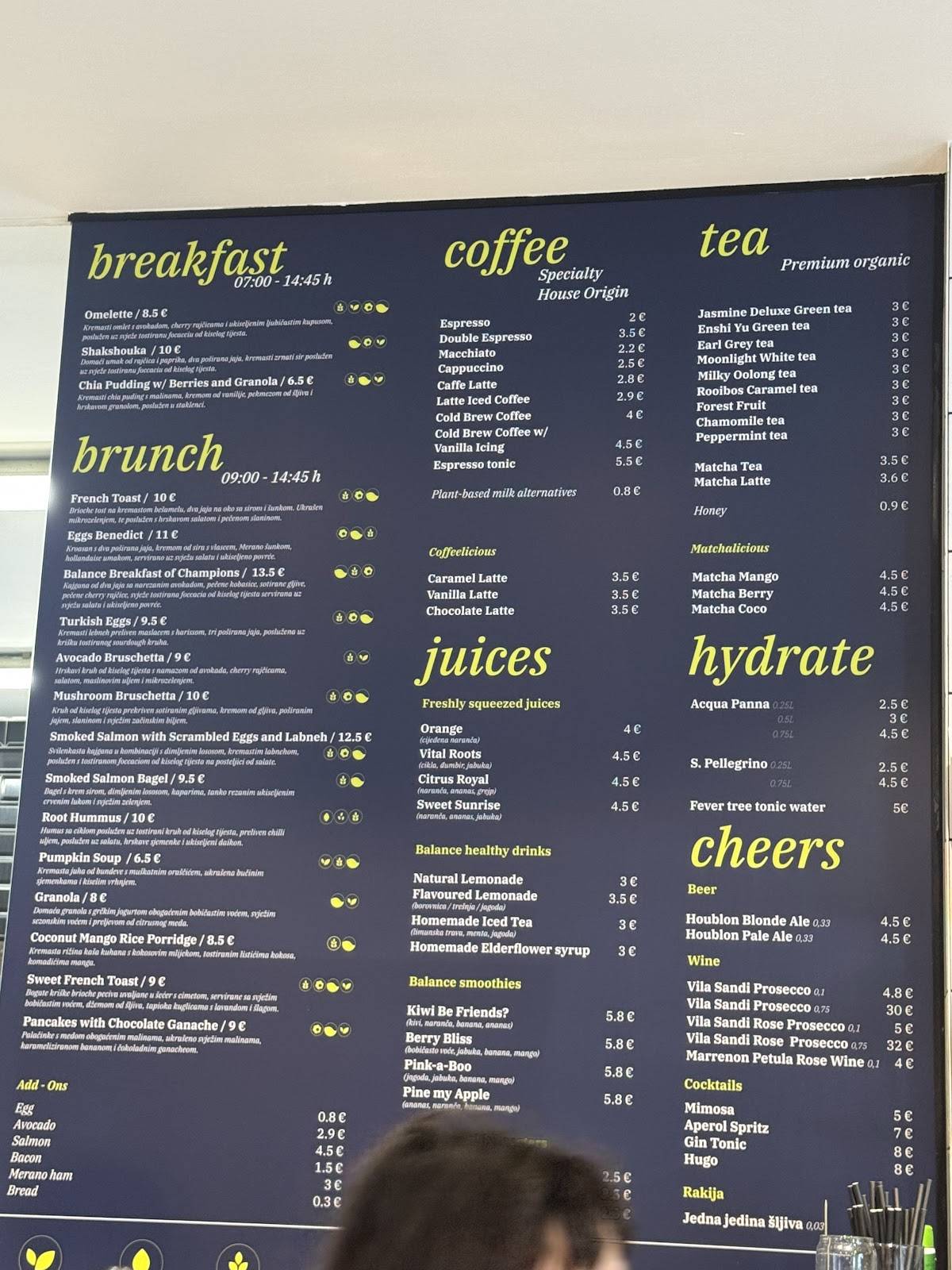 Menu at Balance brunch & bakery, Zagreb