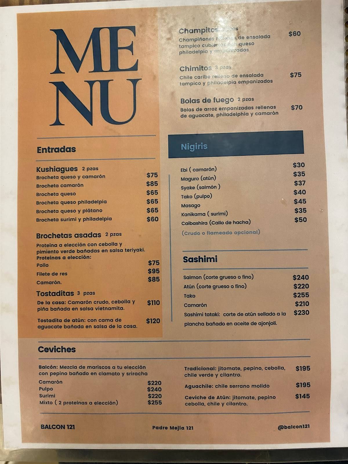 Carta del restaurante Balcón 121, Tepic