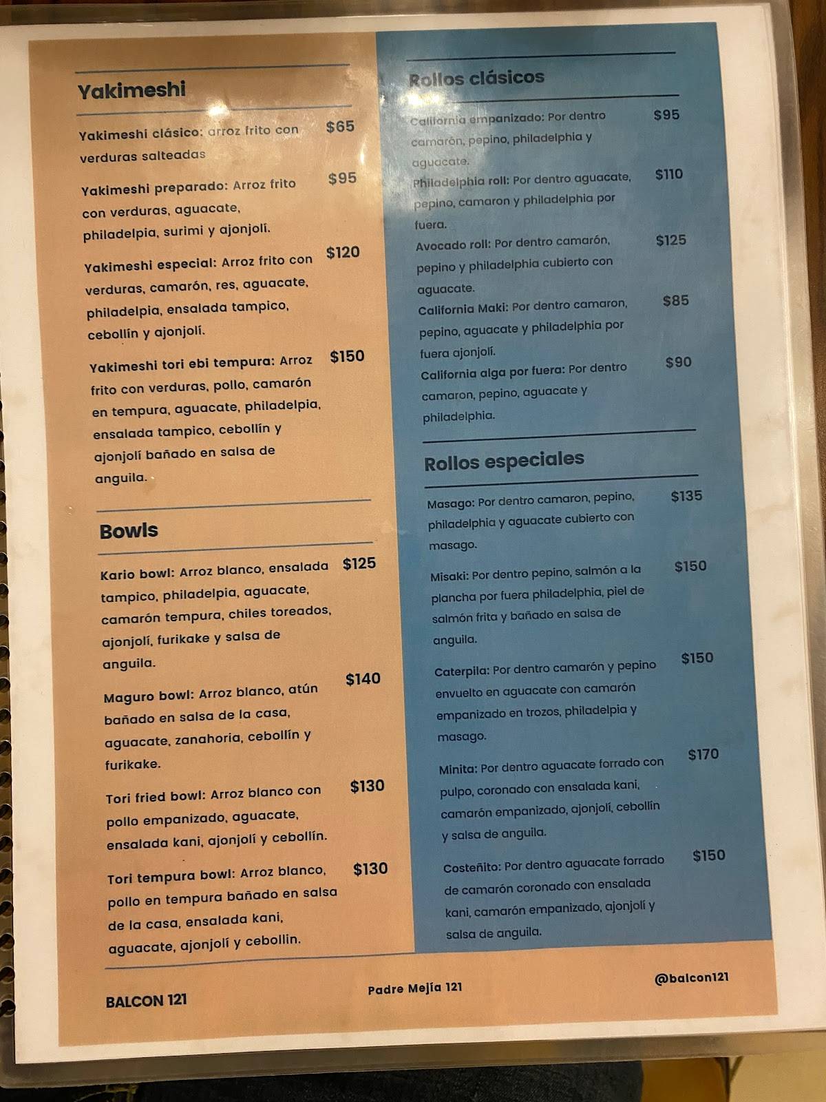 Menu at Balcón 121 restaurant, Mexico