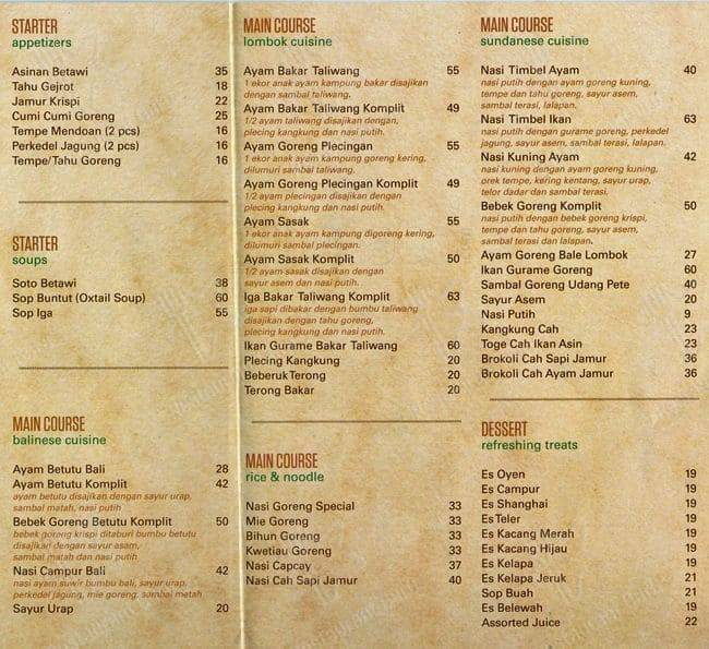 Menu at Bale Lombok restaurant, Jakarta, Kuningan City Jl Prof DR Satrio