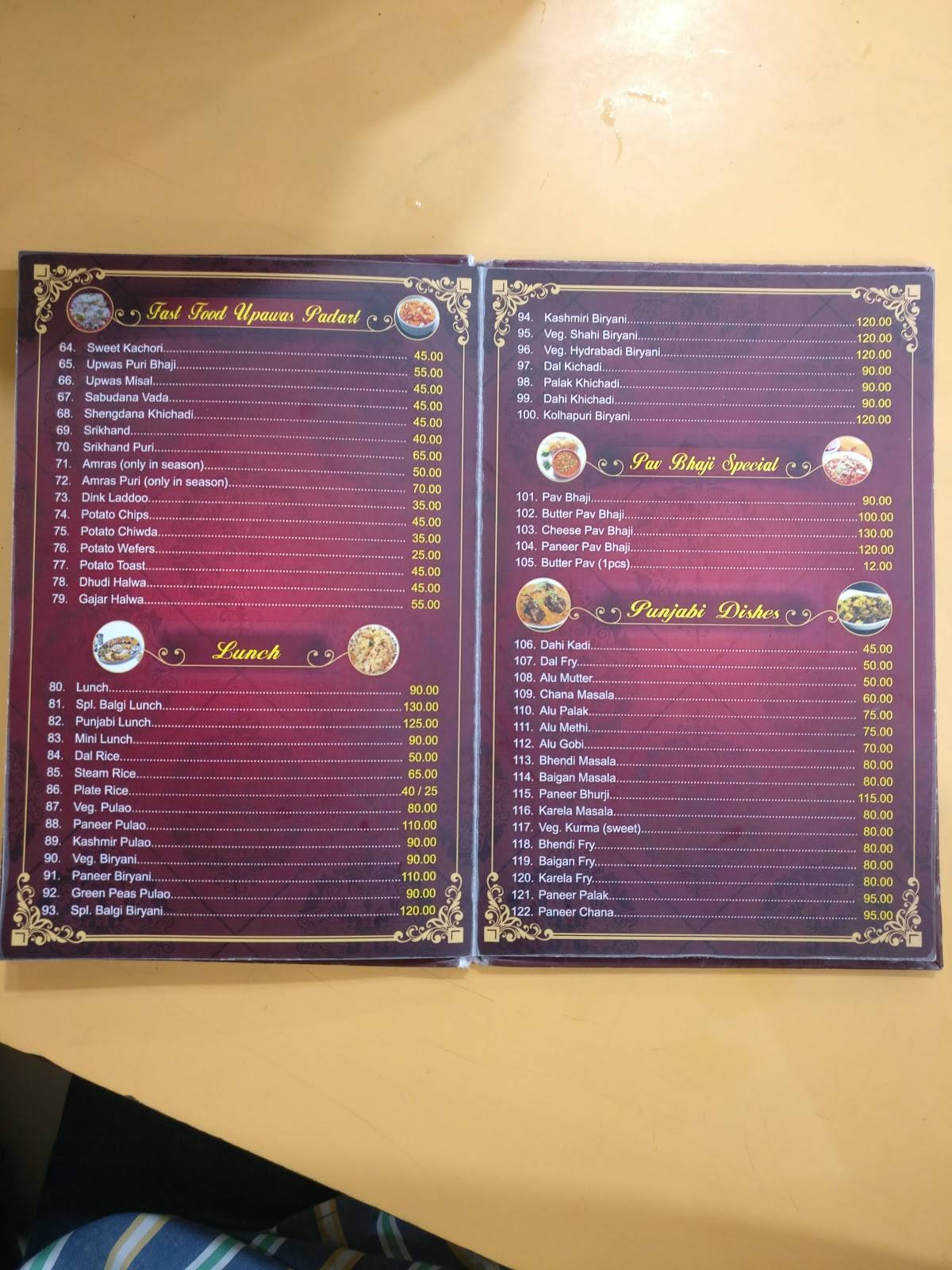 Menu at Balgi Hotel, Mumbai