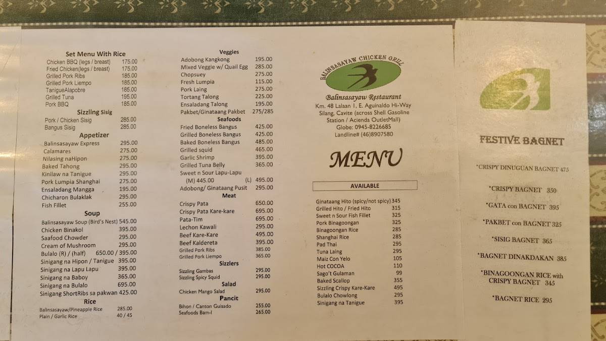 Menu at Balinsasayaw Restaurant, Silang, KM44 Emilio Aguinaldo Hwy