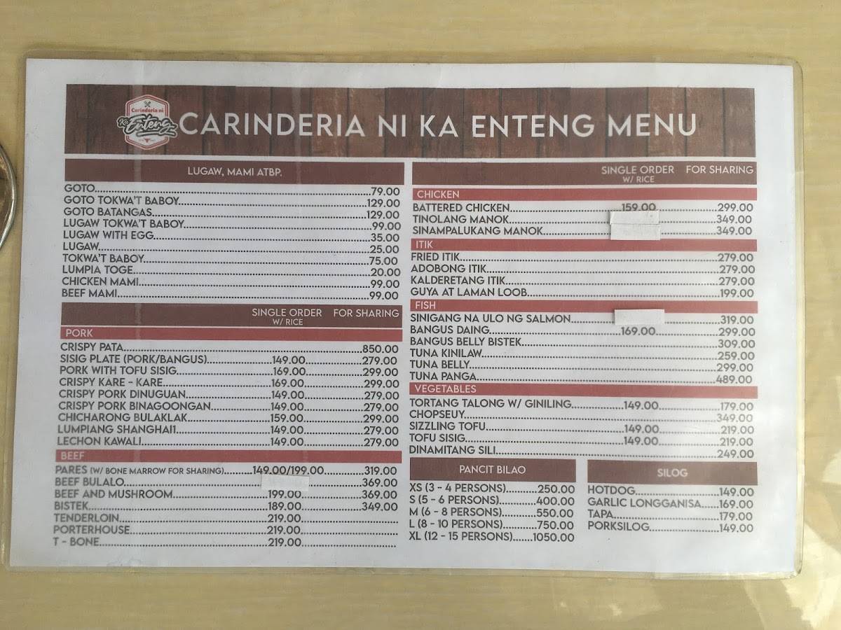 Menu at Carinderia ni Ka Enteng restaurant, Pulilan