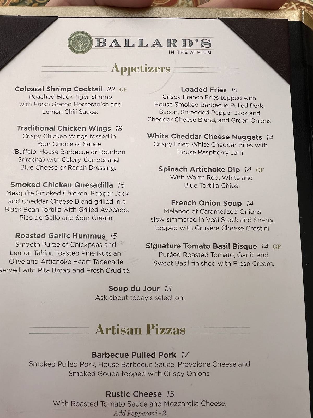 Menu at Ballard's in the Atrium restaurant, West Baden Springs, W Baden Ave