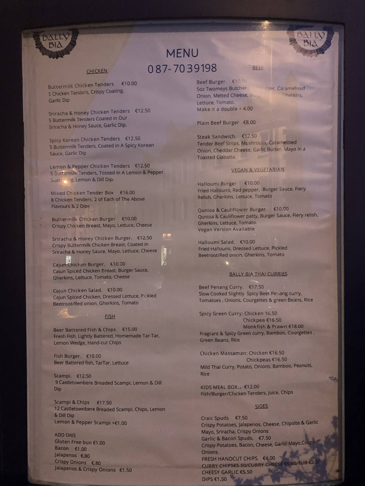 Menu at Bally Bia restaurant, Ballydehob
