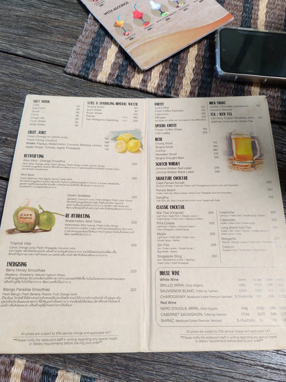 Menu at Bamboo Bar, Wichit