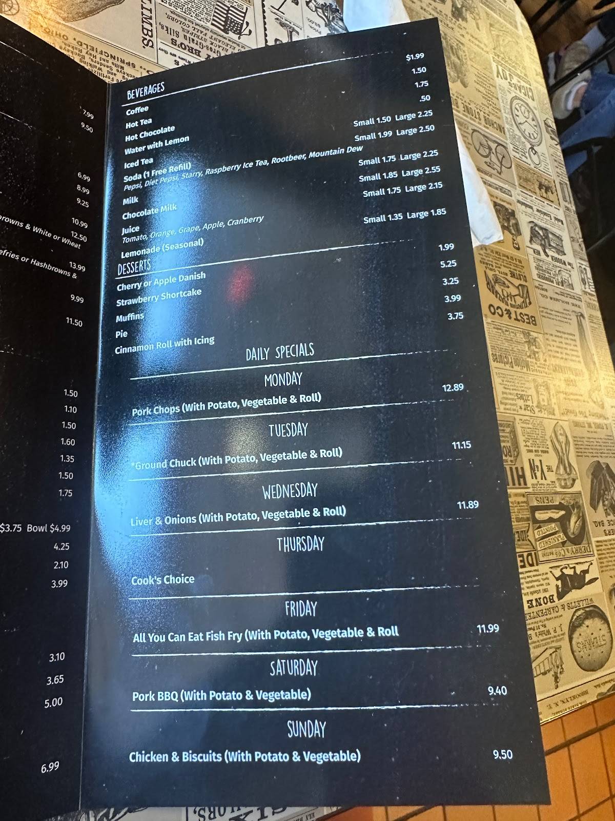 Menu at Banana Curve Diner restaurant, Sayre